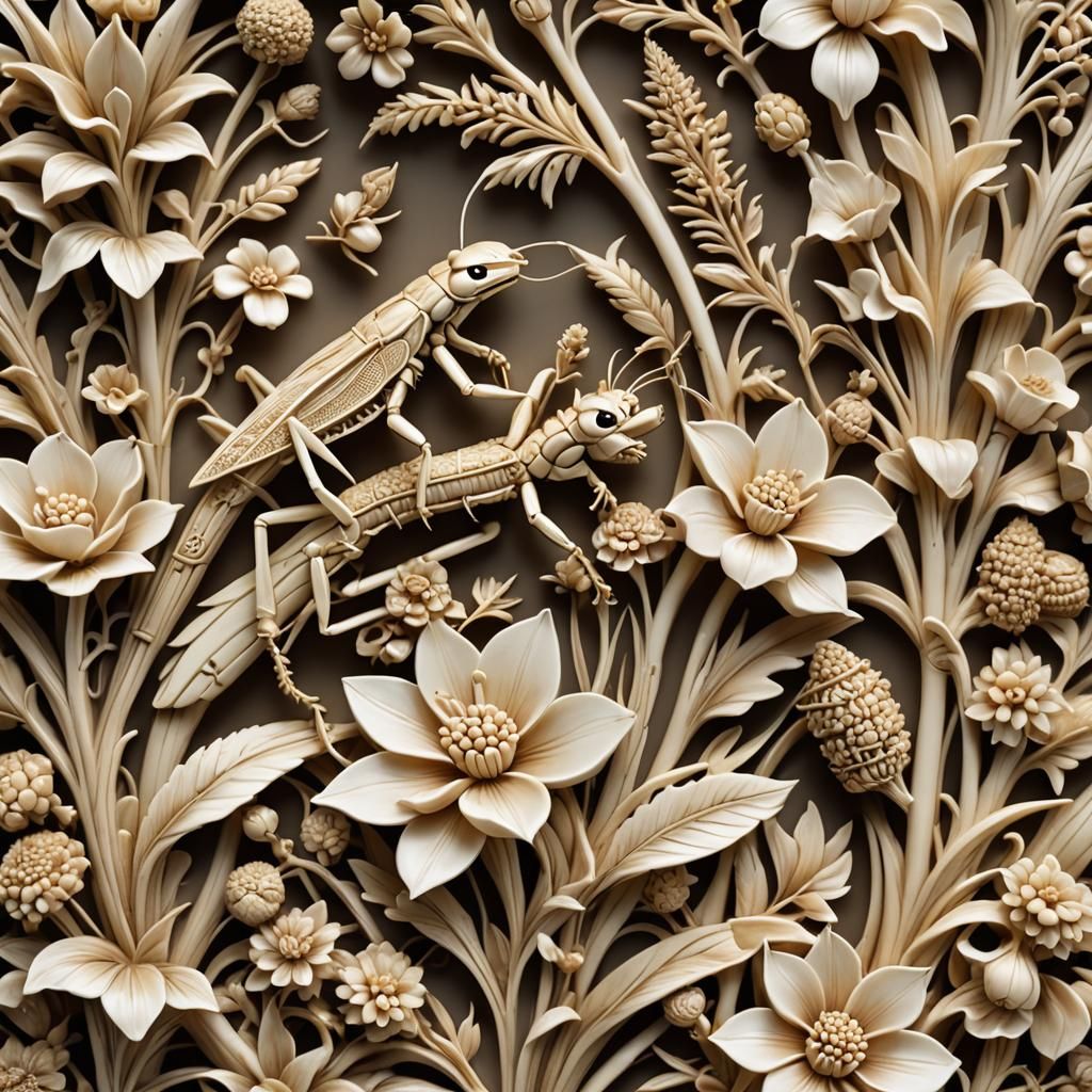 Netsuke Ivory carving of Flowers and Grasses with a Praying-Mantis ...