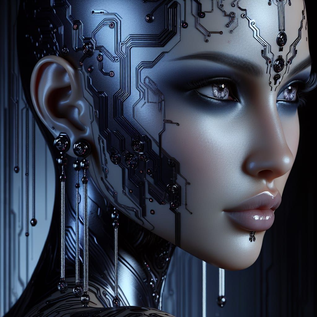 Create an image of a female with cybernetic enhancements in a three ...