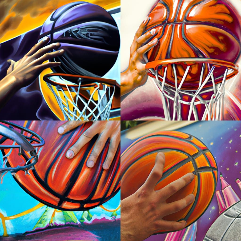 Create a performing slam dunk with a close-up of his hands and the ball ...