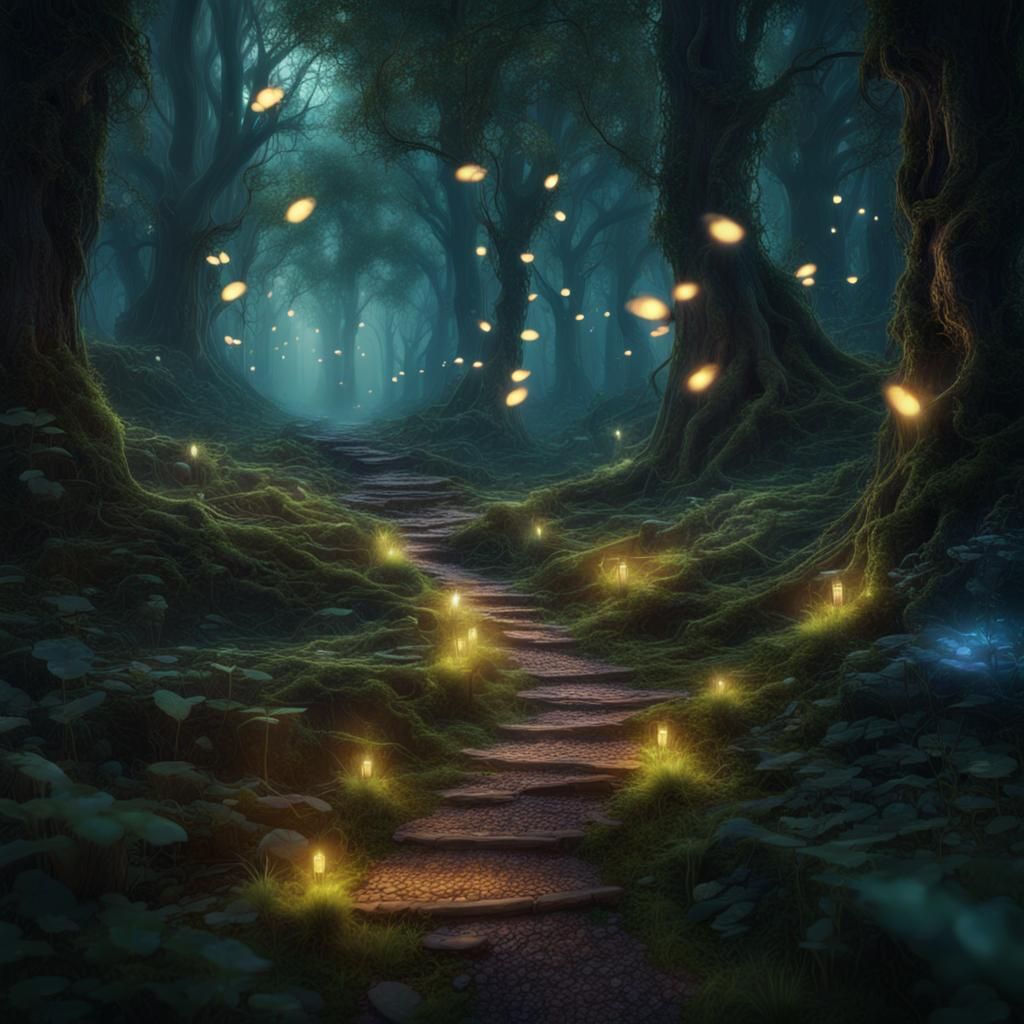Mysterious path to an beautiful magical fairy forrest, fireflies - AI ...