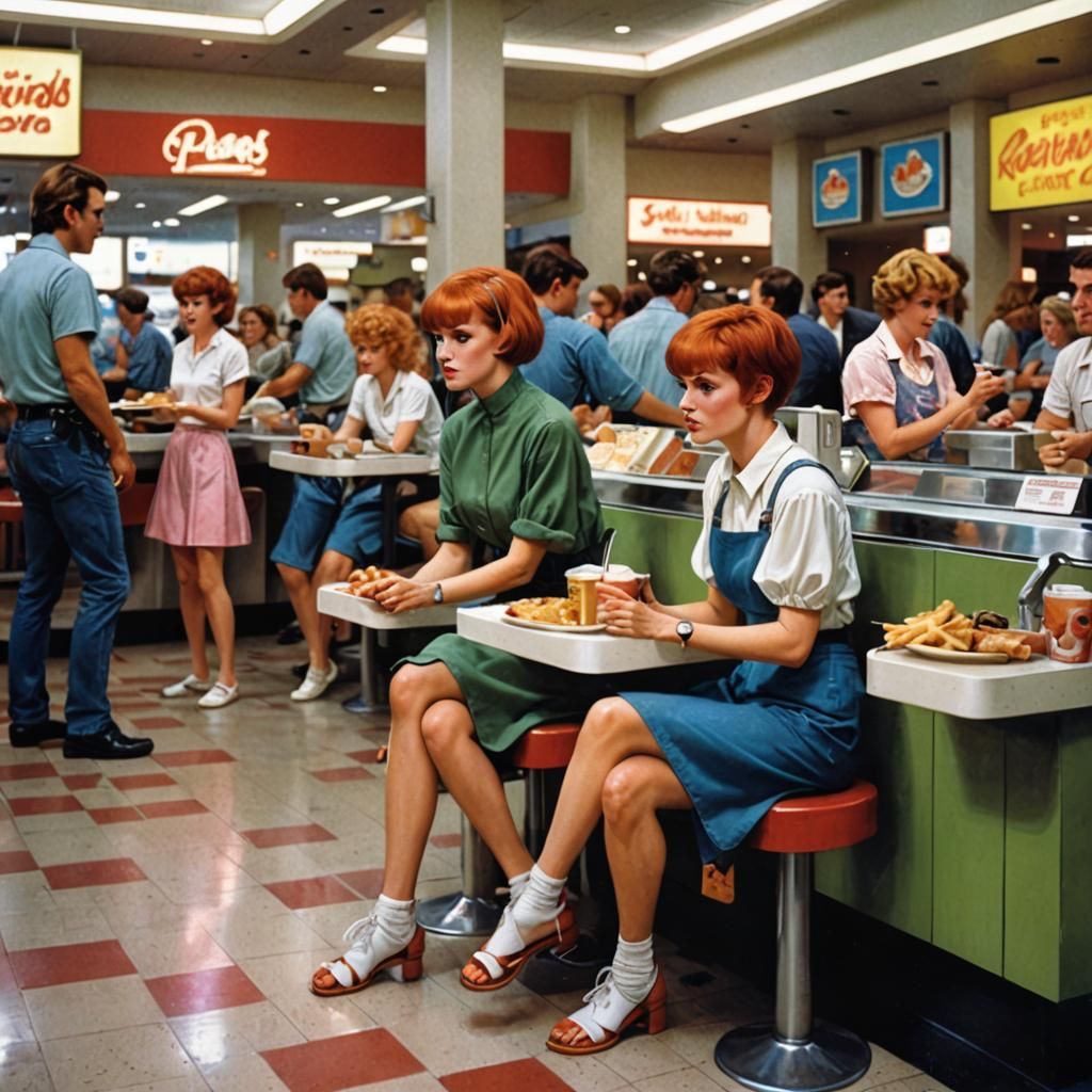 Barefoot redhead girl with a pixie cut being brainwashed in an 80s mall ...