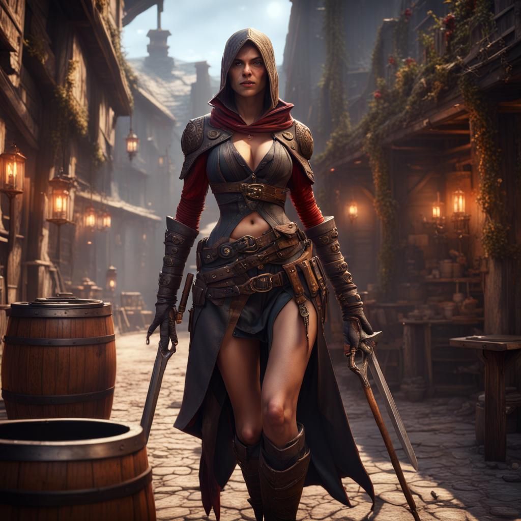 female assassin walks down town street - AI Generated Artwork ...