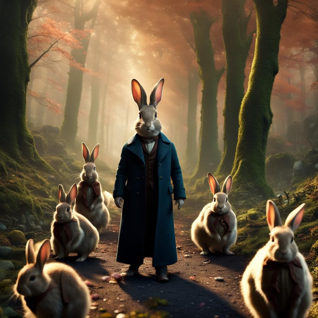 family of Beatrix potter rabbits in coats - AI Generated Artwork ...