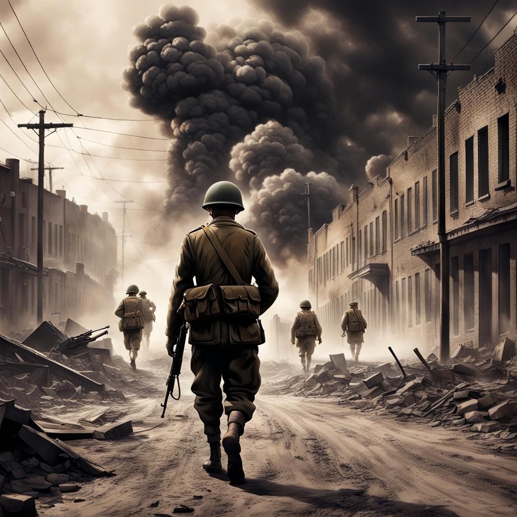 World War 2, with a war photography aesthetic. The scene should evoke a ...