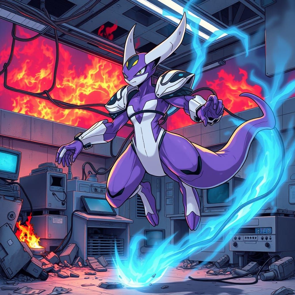 Mewtwo in Cyberpunk Manga Armor Levitates Above Ru... - AI Art