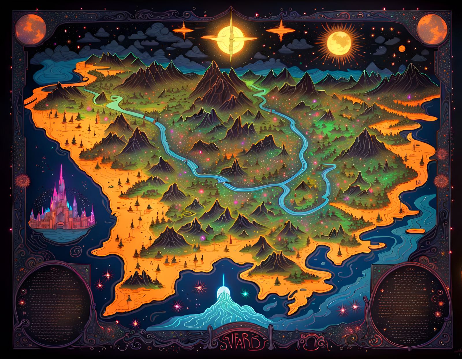 "Middle Earth", hyperdetailed illustrated map, black black night sky ...