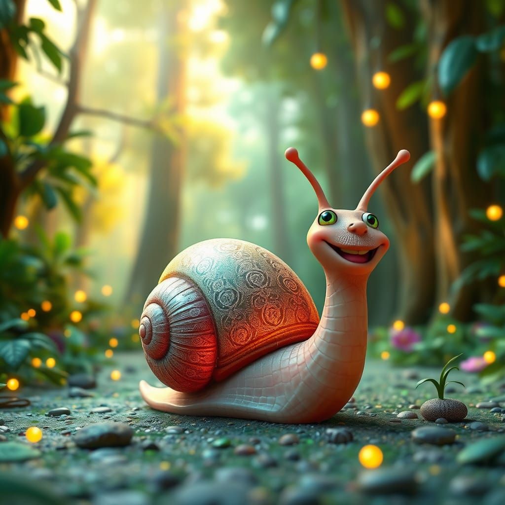 Happy snail - Surreal Snail Embarks on Whimsical Forest Adve...