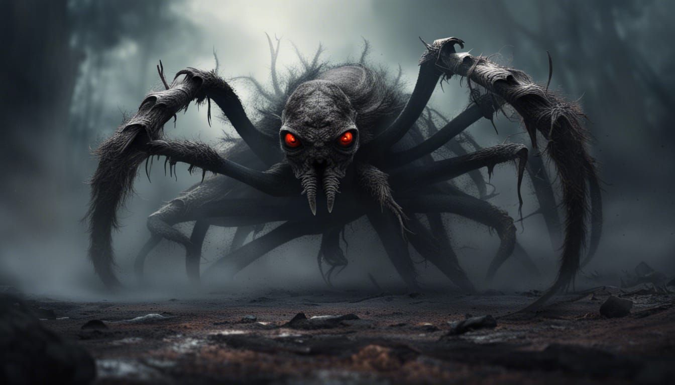 Wide Shot view of a floating liquid ink tarantula made of eerie ...