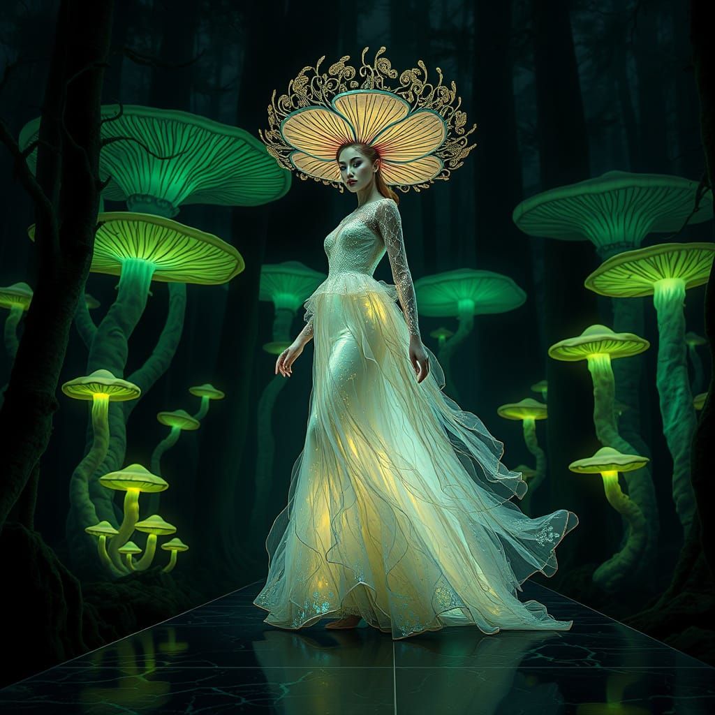 imagine a bioluminescent fungus queen gliding down a runway made of polished obsidian, her gown ...