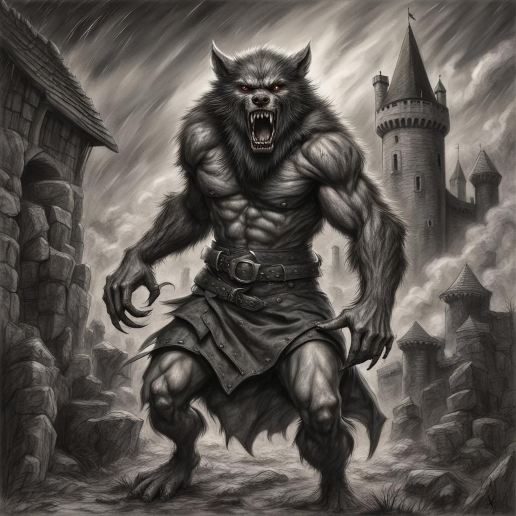 A large, snarling, gray werewolf with long claws and dressed in a kilt ...