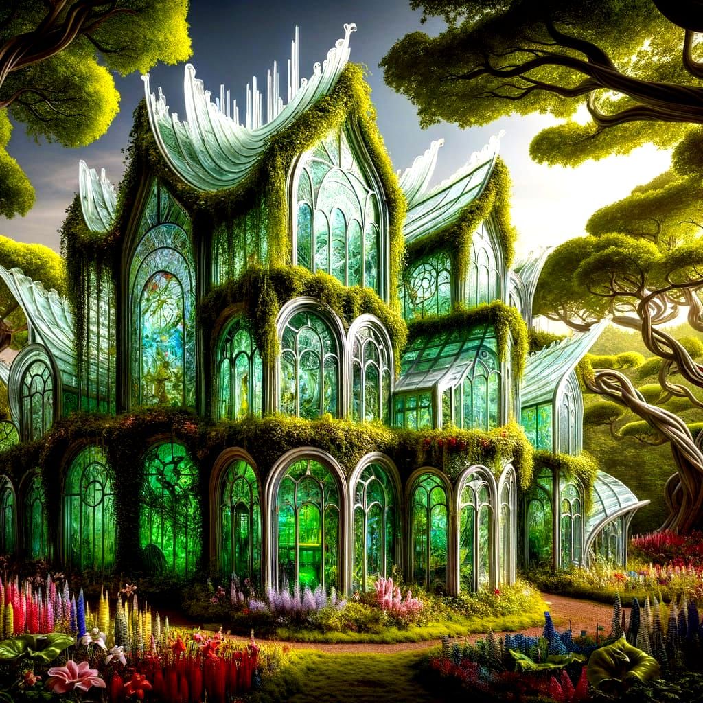 Faily castle made of curved glass, ivy, wisteria, in a fantasy forest made of glass sculpture ...