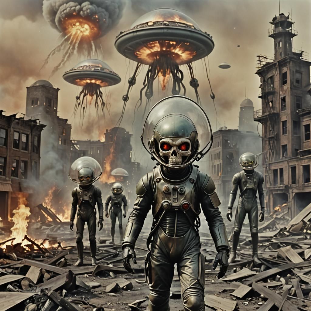 war of the worlds aliens, 1950's Martians invasion - AI Generated ...