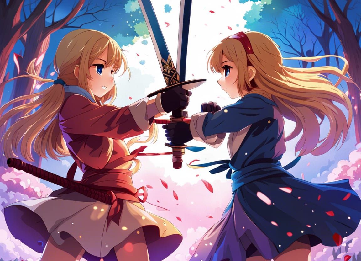Two Girls playing wooden swords fighting against each, is friendship ...