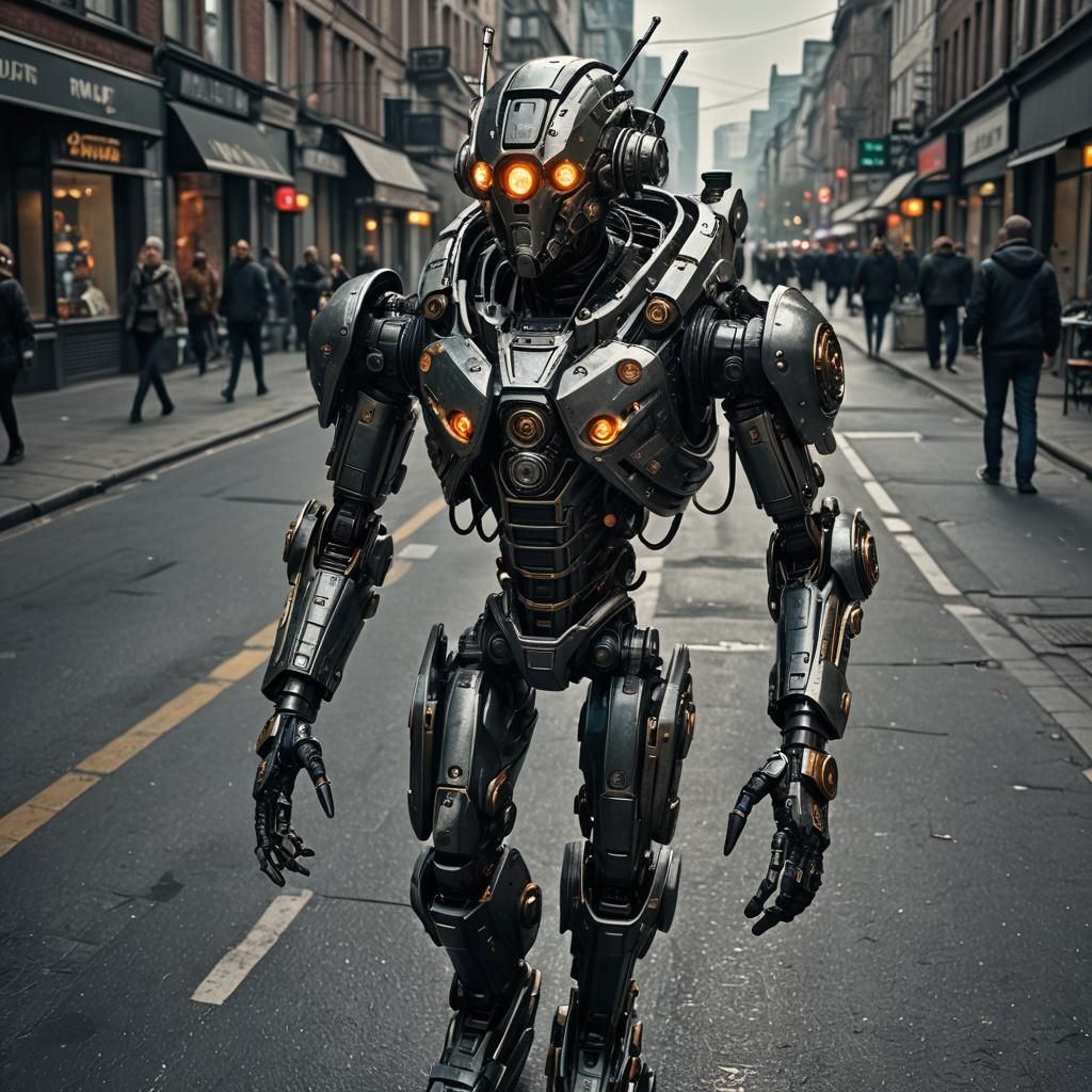a biopunk android walking in the street, intricate details, HDR ...