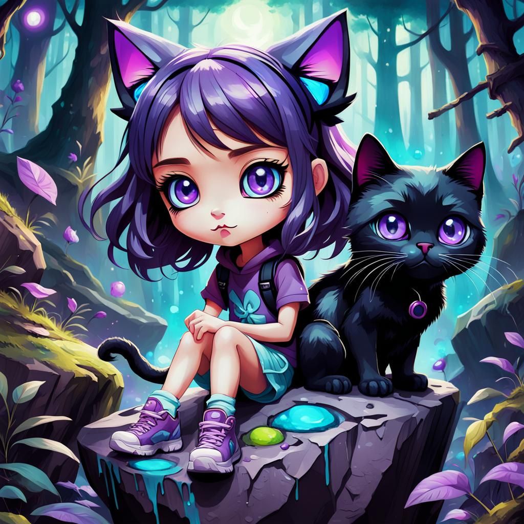 An adorable chibi girl with big purple eyes - AI Generated Artwork ...
