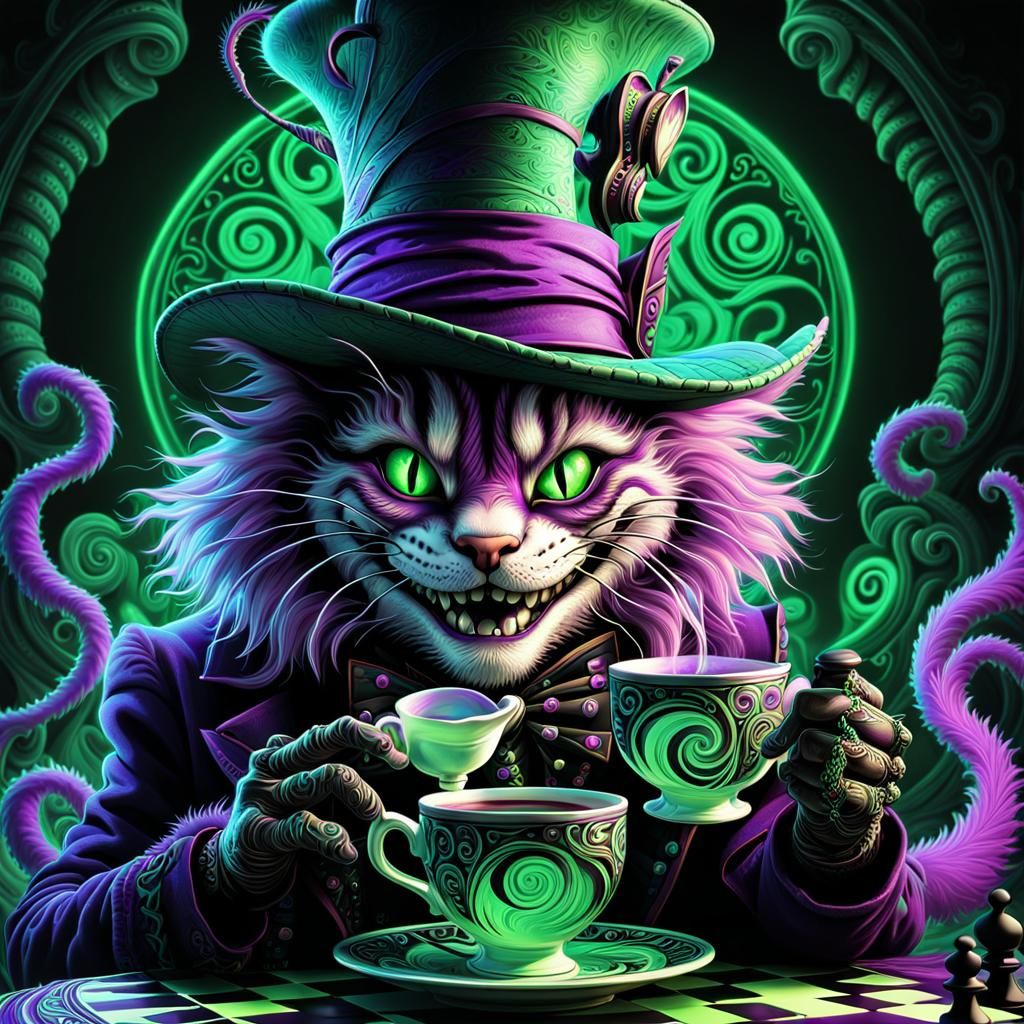 a mad hatter insane grinning cheshire cat glowing green and purple fur ...