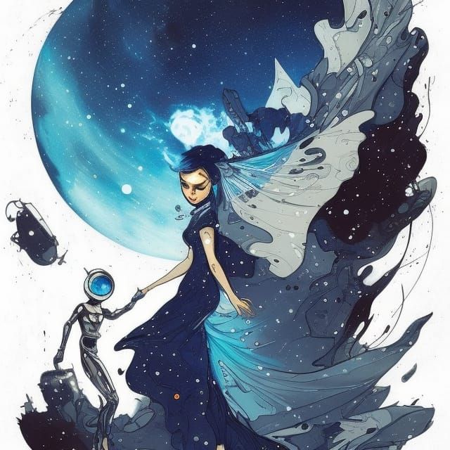 Girl time-traveller: blue eyes and futuristic dress; black ground of ...