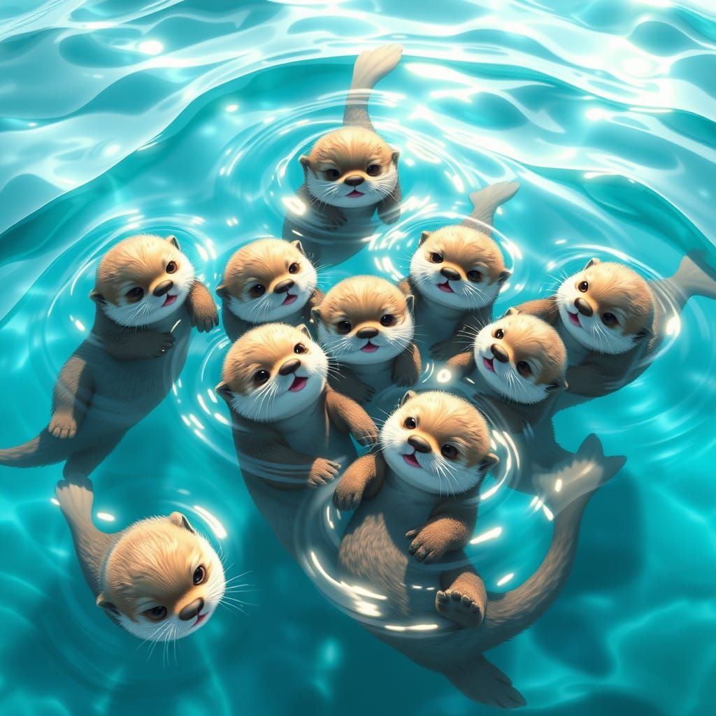 Ten adorable sea otter pups swimming and playing each other in the water