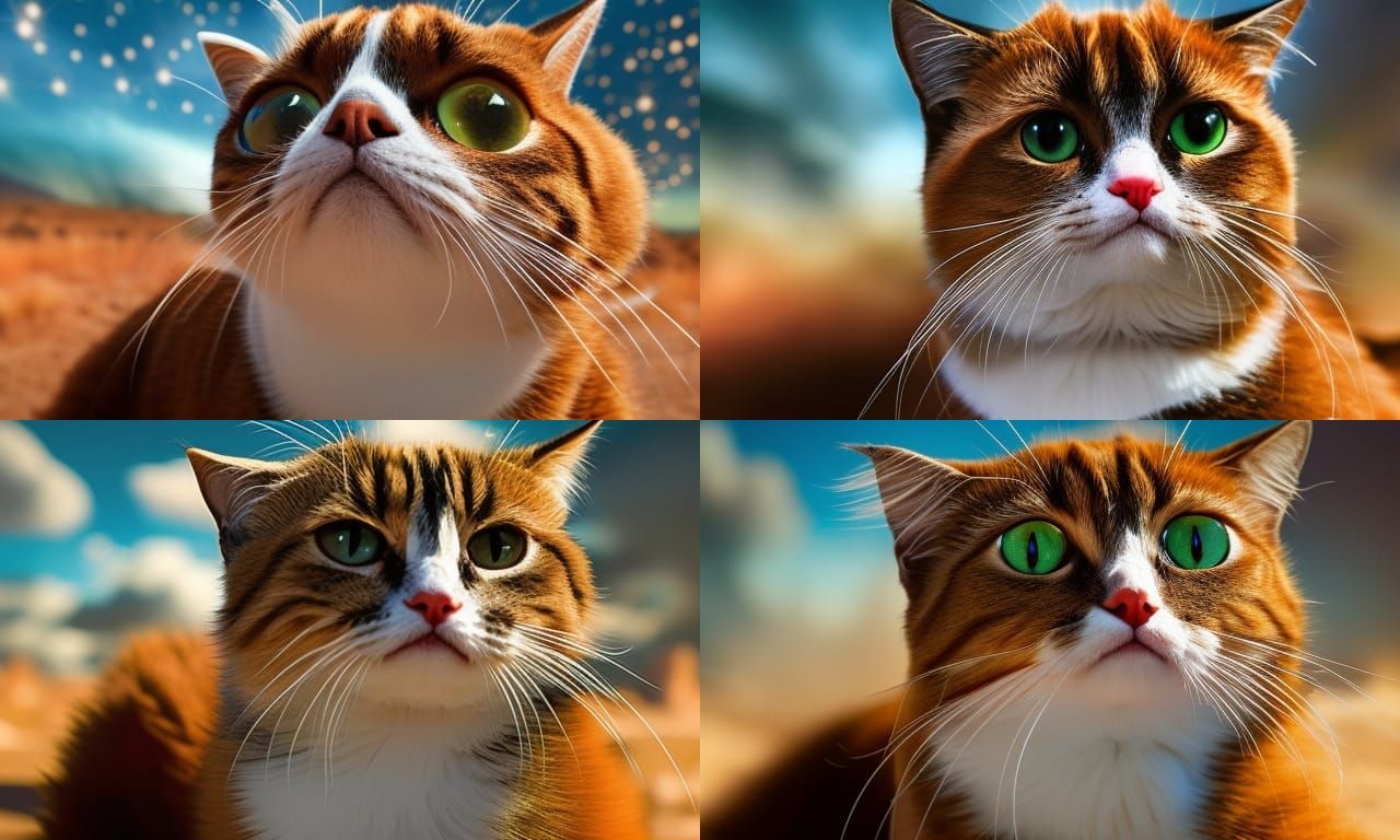 grumpy cat in an astronaut suit digging many holes on planet mars with mushroom cloud and red ...