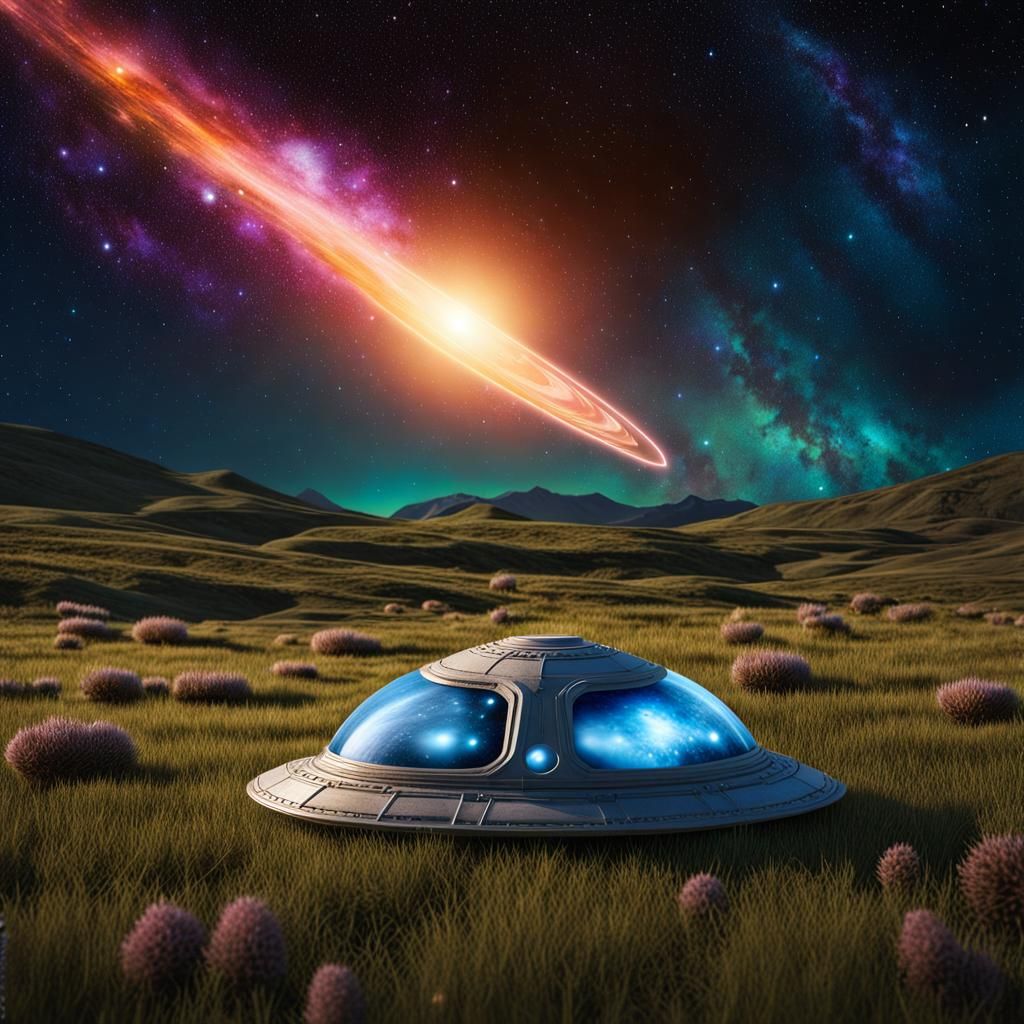miniature glowing alien spaceship with alien in it in the meadow ...