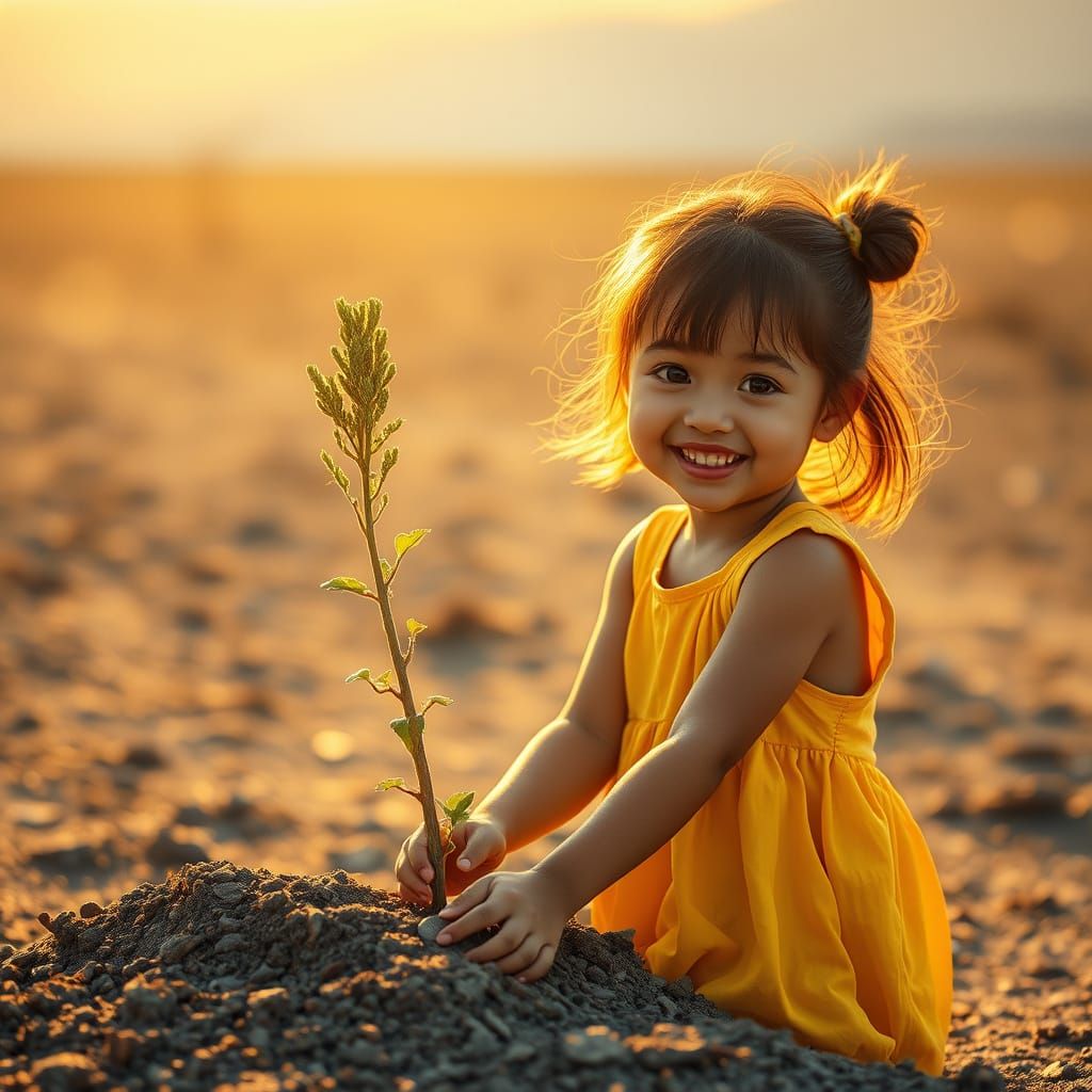 Child Planting A Tree - Girl Plants Tree in Barren Landscape...