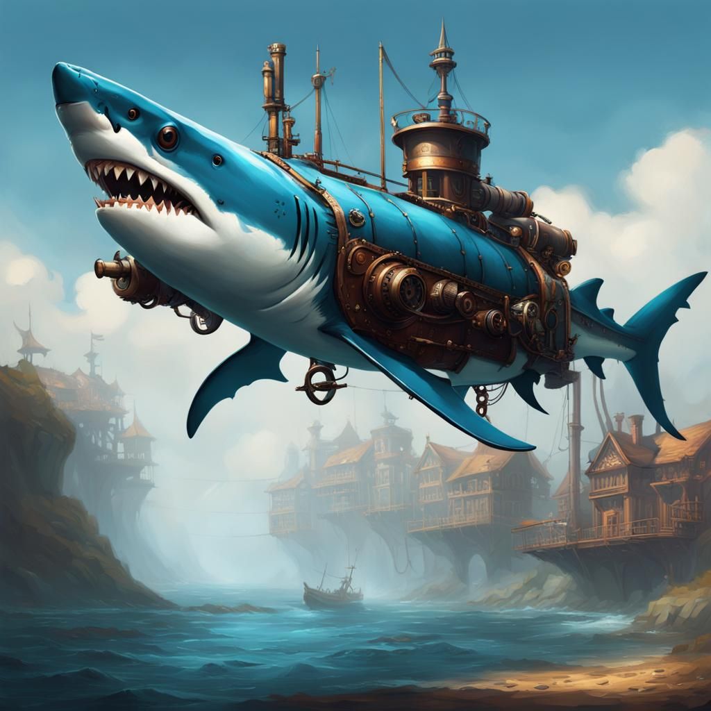 Steampunk Blue Shark in style of Andreas Rocha - AI Generated Artwork ...