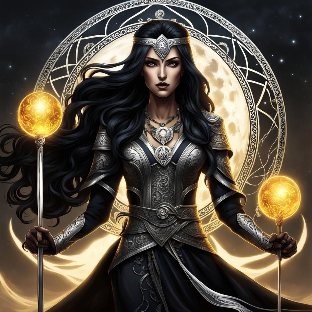 a female named Nyx god of the night she has a staff that glows sliver ...