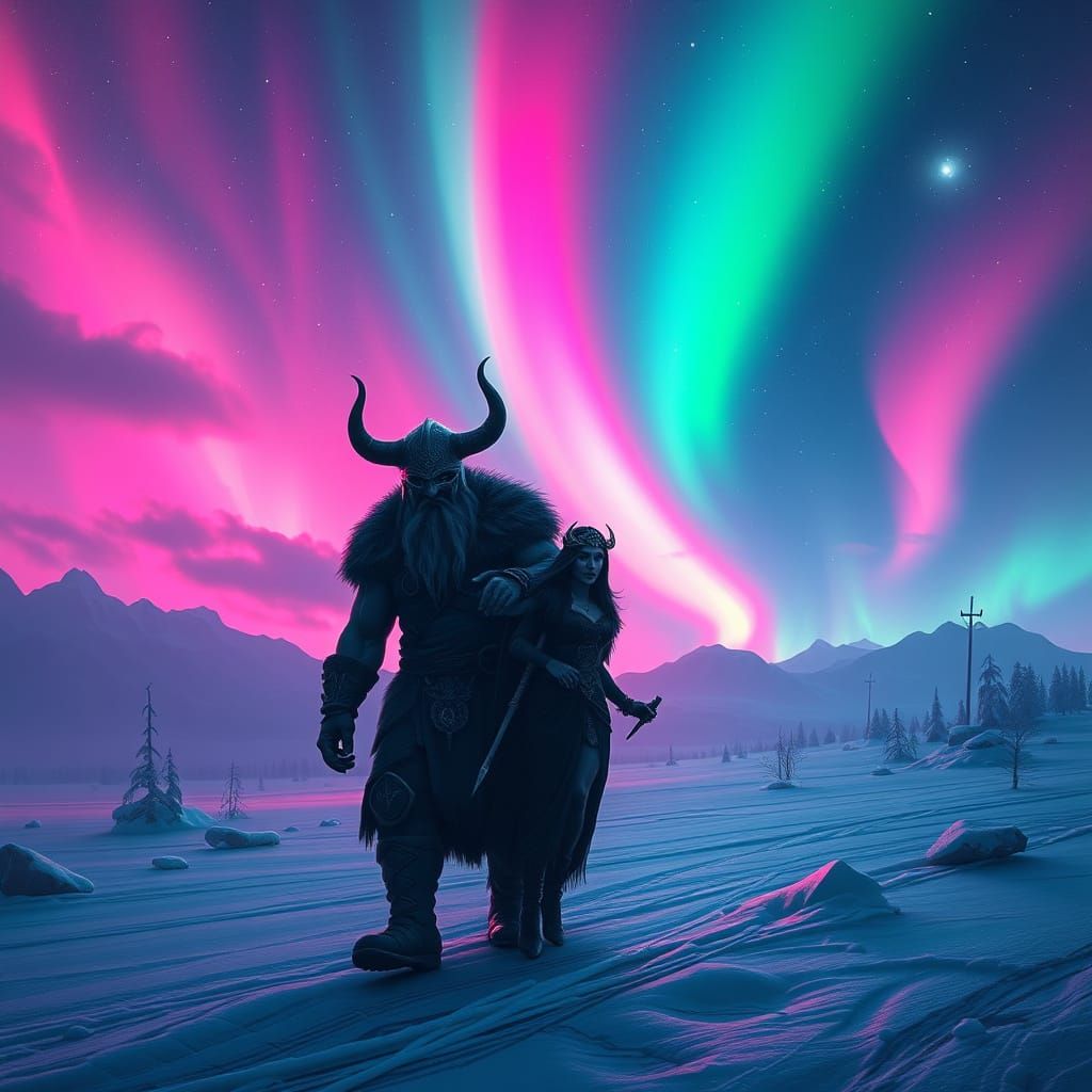 Mystical Viking Warrior Walks Beside Enchanted Wit... - AI Art
