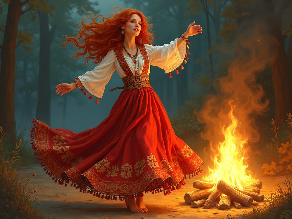 Wild Redhead Dances by Firelight in Folk-Art Style - AI Art