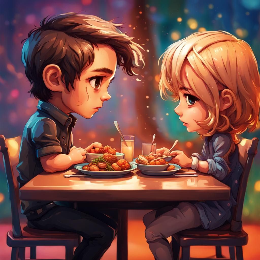 Two chibi lovers looking into each other's eyes over dinner ...