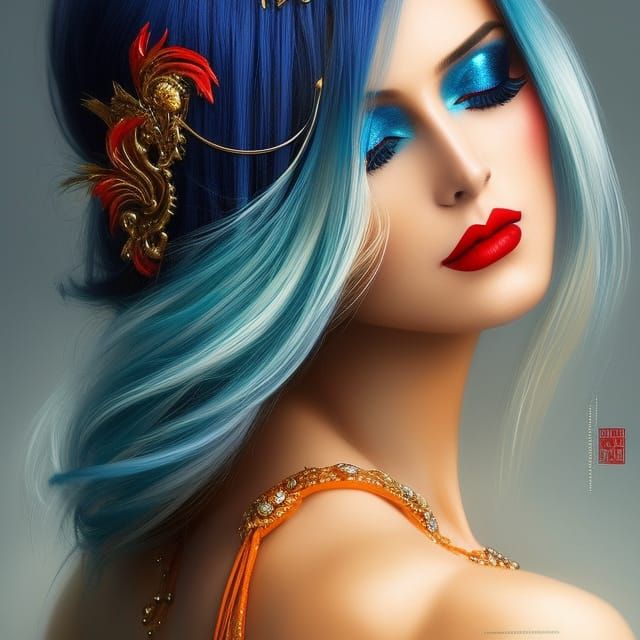 Beautiful Girl Blue Hair Red Lips Alone Dark Eyes Fabulous