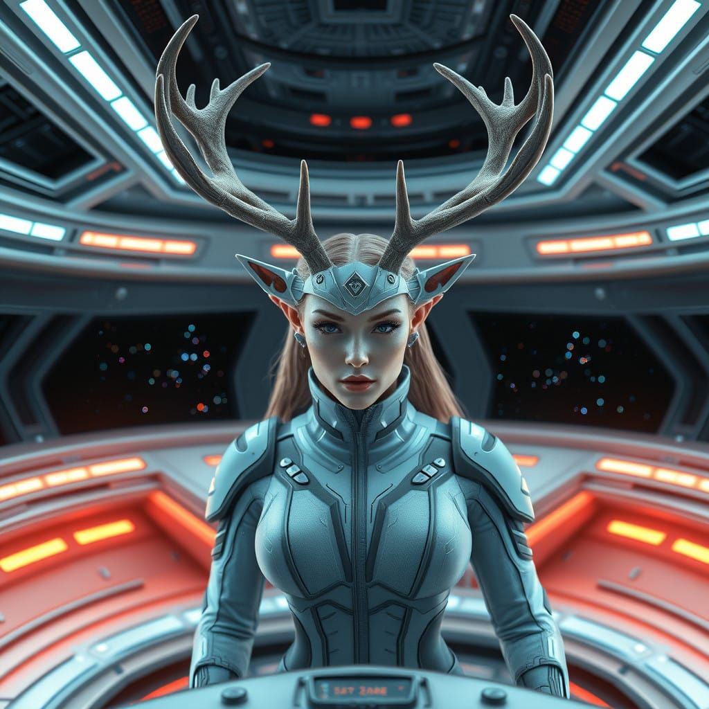 Reindeer Woman Commands Sci-Fi Starship Bridge - AI Art