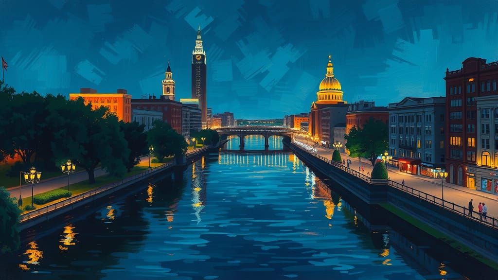 the riverfront at night - Riverfront Night Scene in Impress...