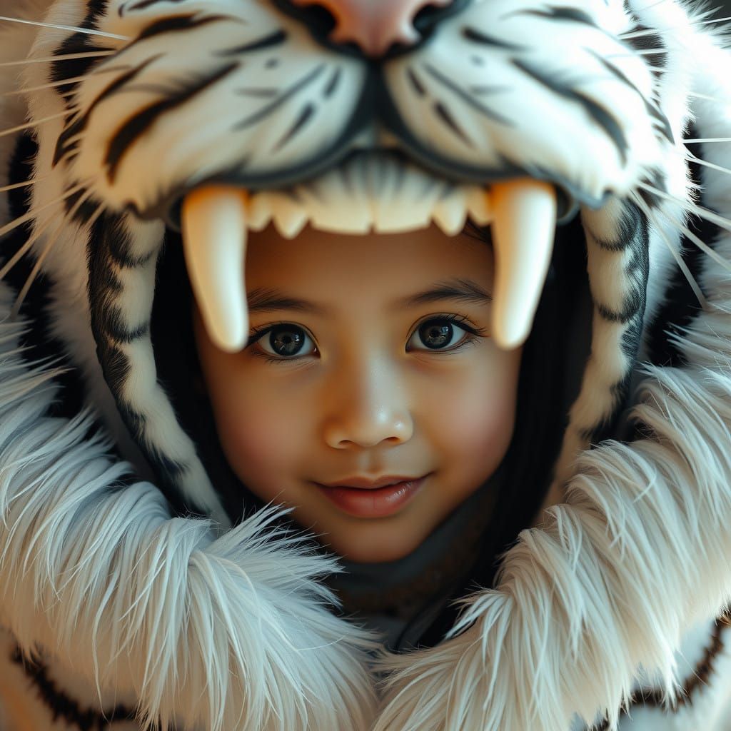 Young Girl in White Tiger Costume Emerge from Maje... - AI Art