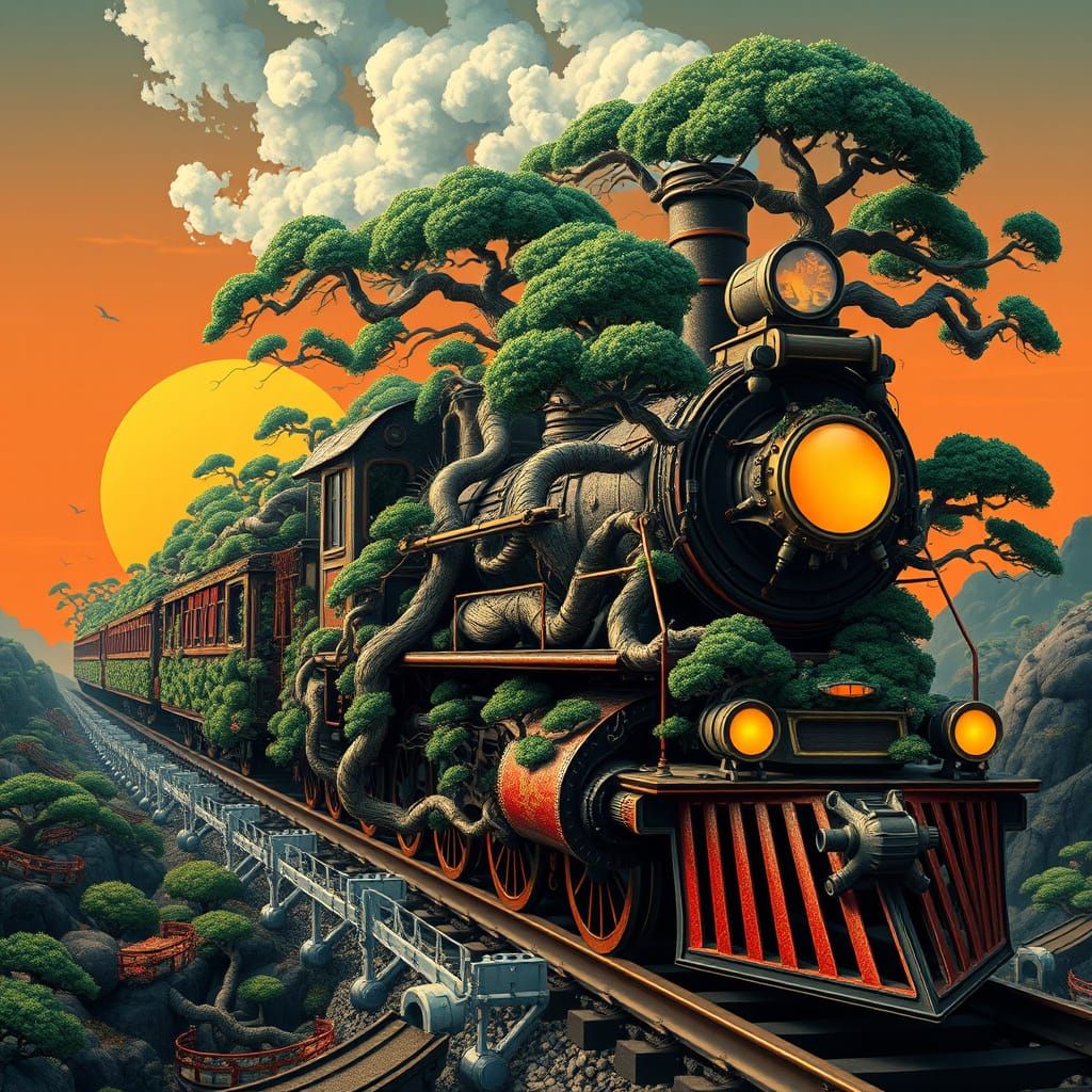 Bonsai Boxcar - Surreal Train Landscape with Bonsai Trees in...