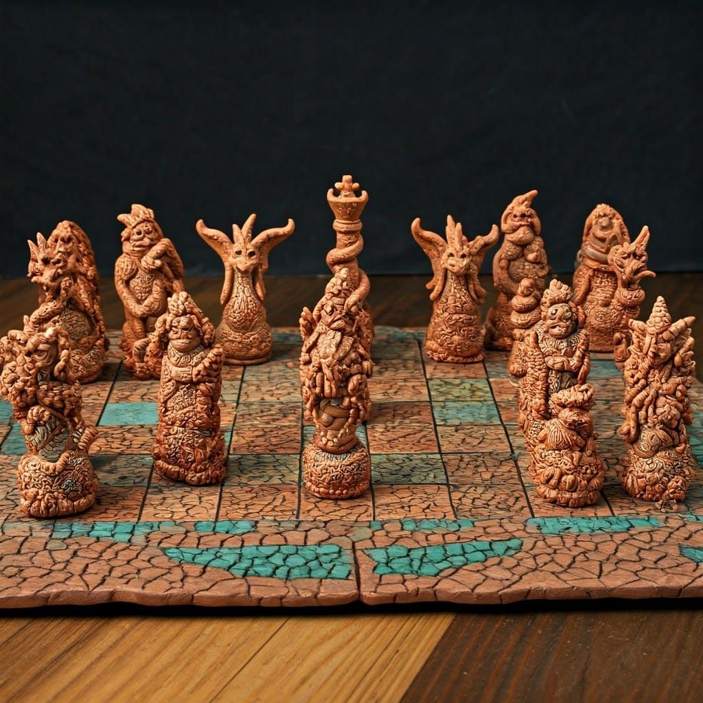 Fantastical Clay Chess Set with Mythical Creatures - AI Art