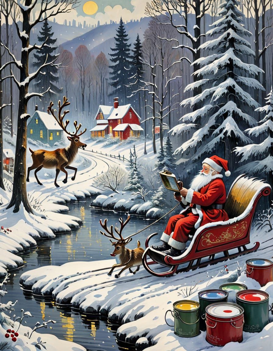 A whimsical winter scene in miniature: Santa Claus, dressed in his ...