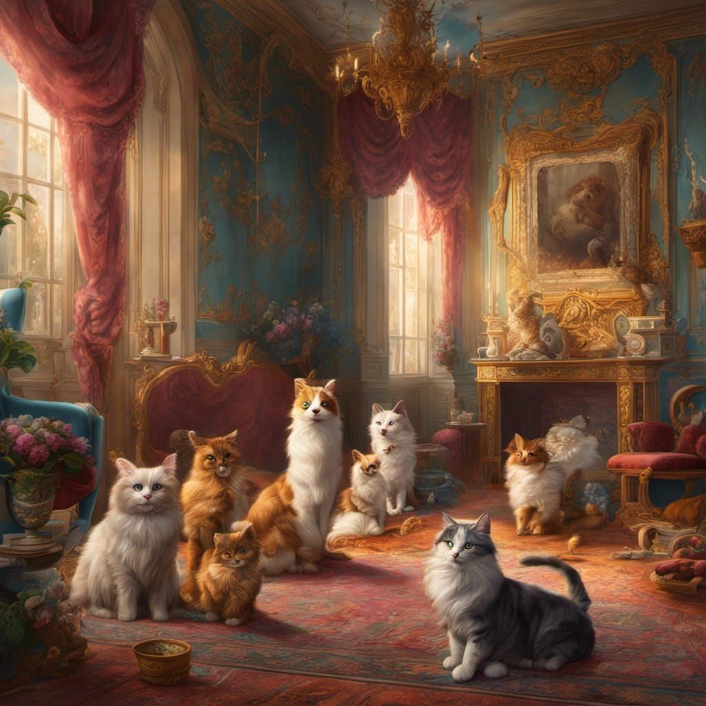 Cats and dogs living togother in happy place. Rococo painting, oil ...