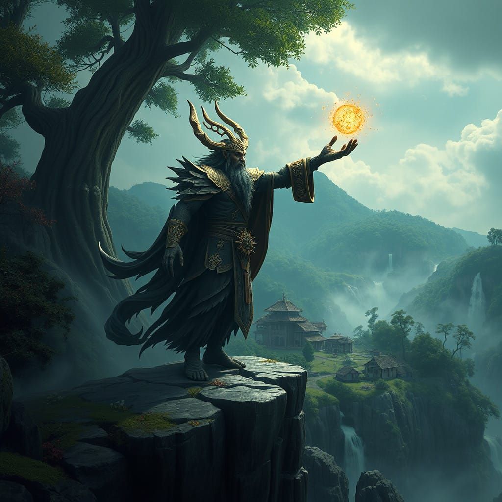 a forest god bestowing blessings on a small village from a clifftop
