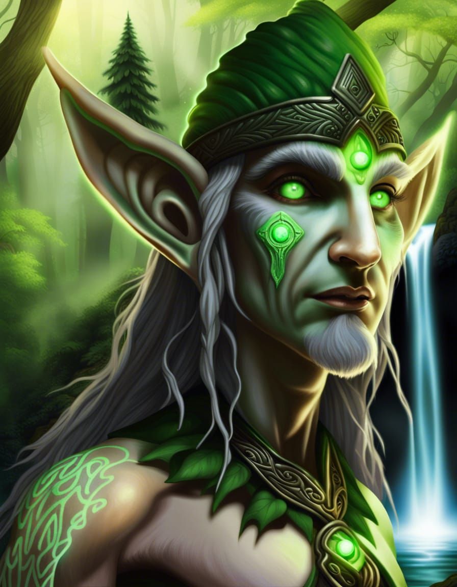 big nose elf, glowing green light eyes with black pupils, green glowing ...