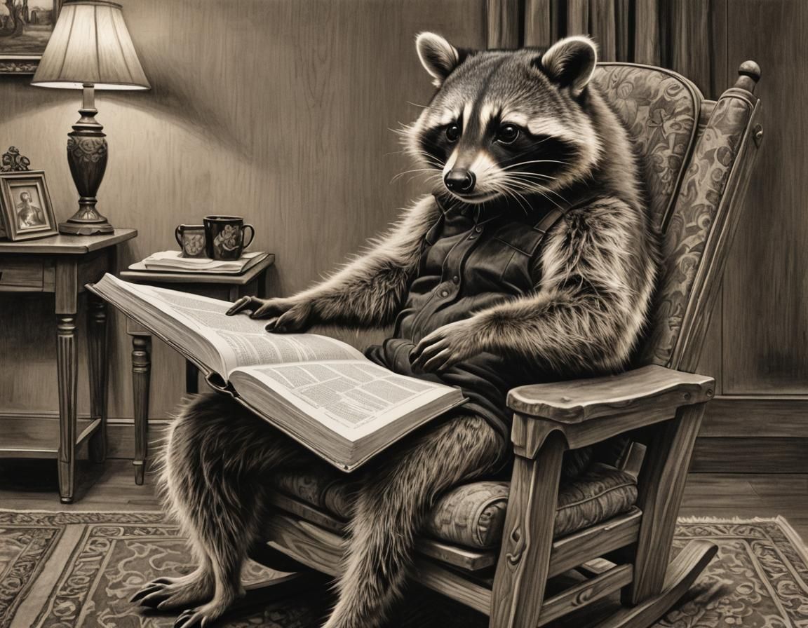ROCKING RACCOON, IN A ROOM, WITH GIDEON'S BIBLE - AI Generated Artwork ...