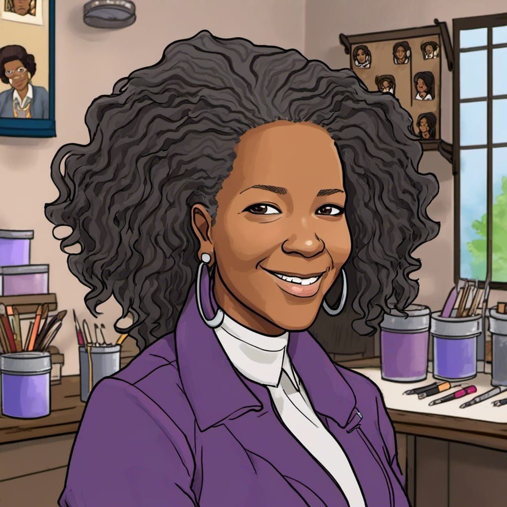 Anime 2d cartoon at a Crafting studio. With an apron on. Heat press ...