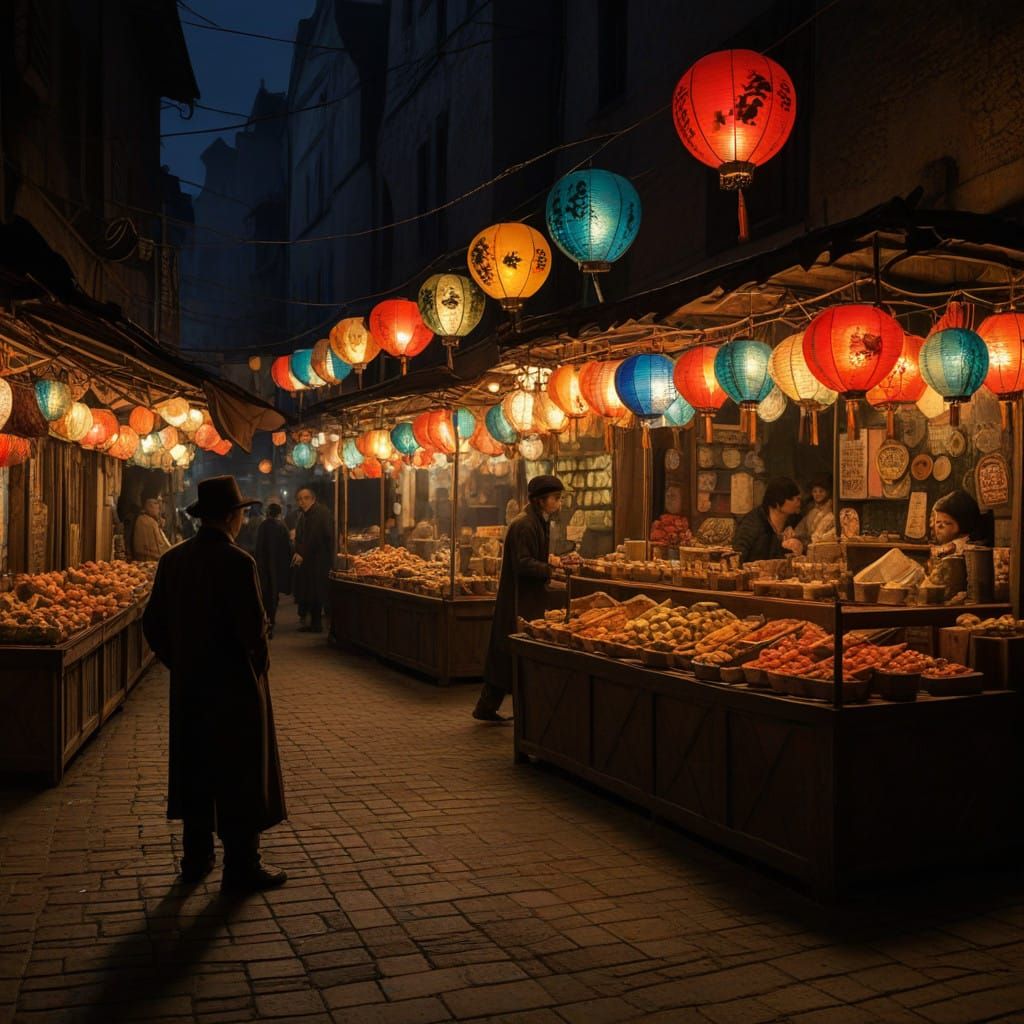 Shadows Come Alive in a Whimsical Night Market Sce... - AI Art