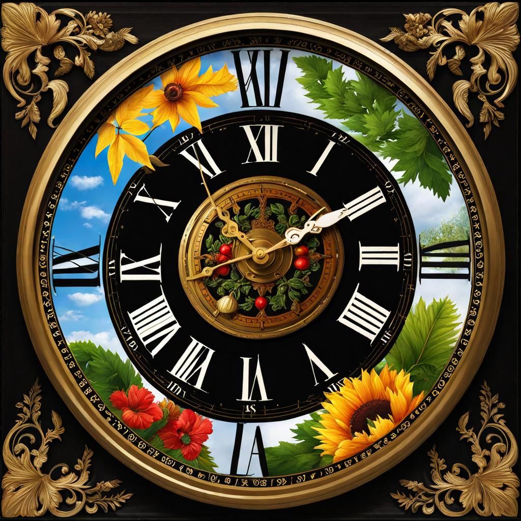 An ornate four seasons clock face divided into four different seasons ...