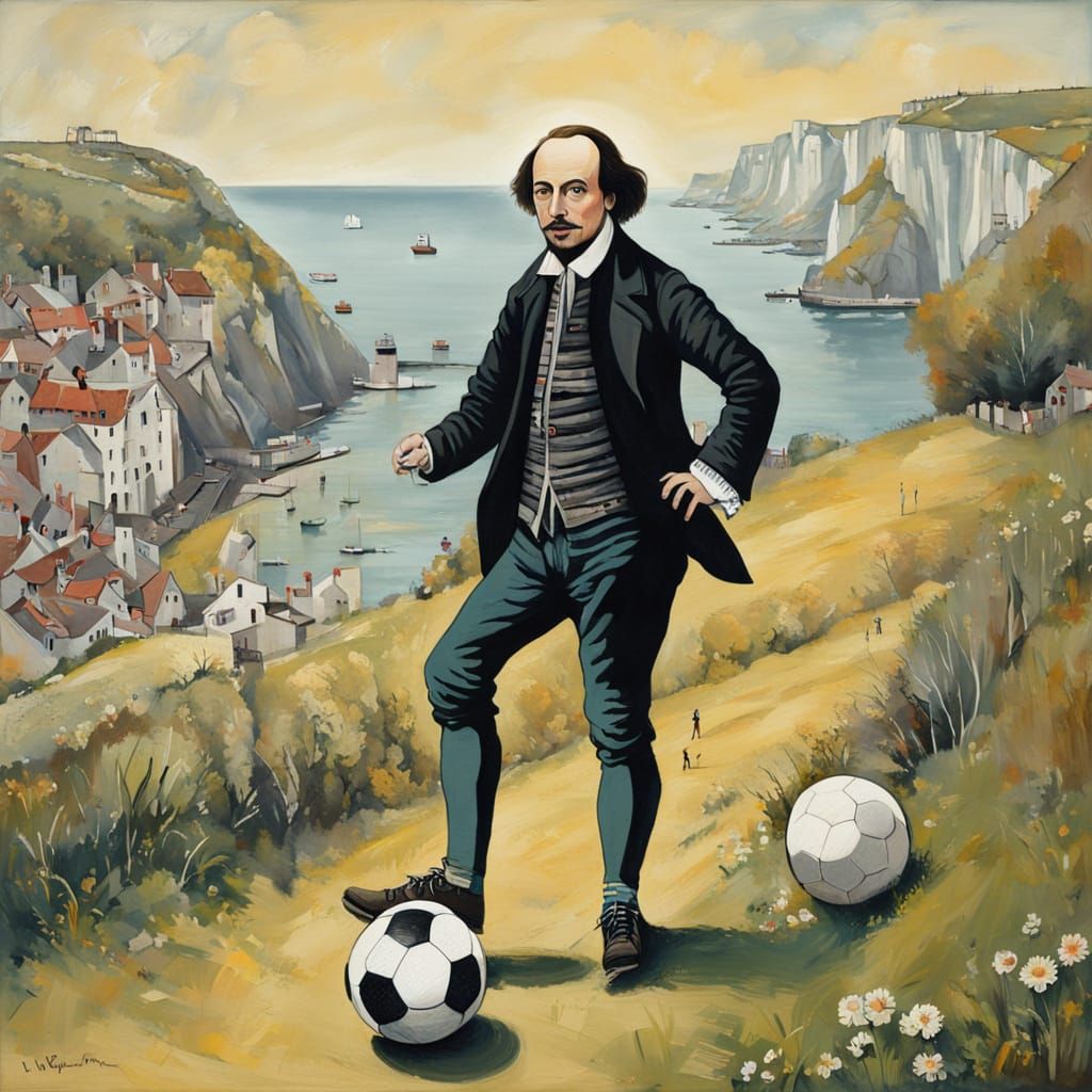 Punk Shakespeare Plays Football: Gouache Painting - AI Art