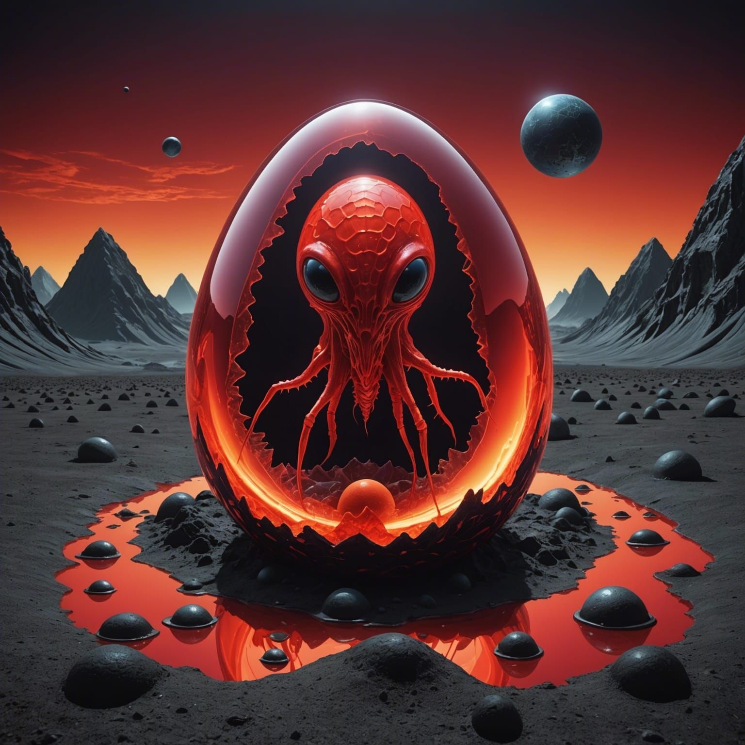 A red gelatinous alien parasite hatching from an egg in a surreal ...