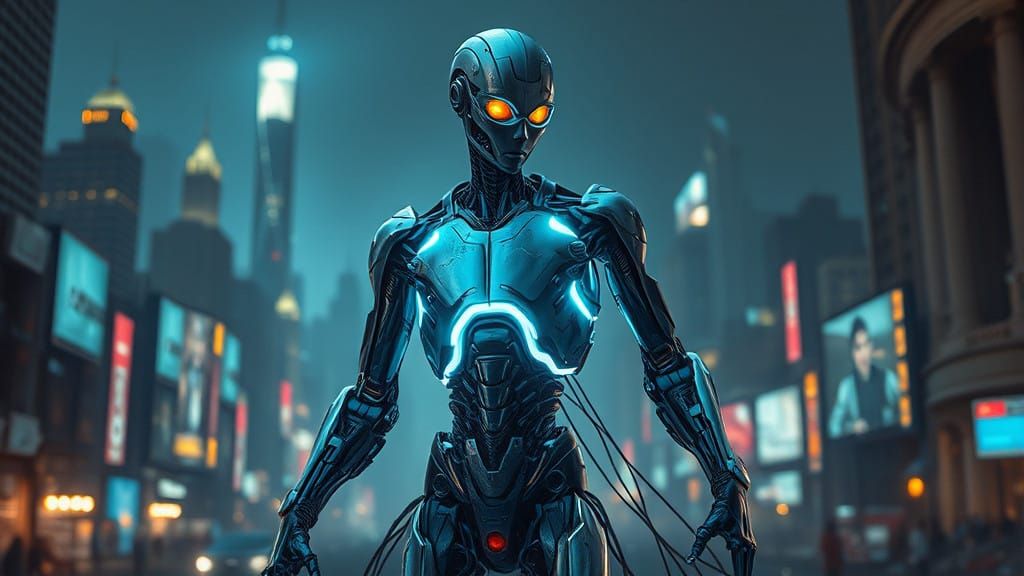 Cyberpunk Android Lost in Dystopian Dreamscape - AI Art