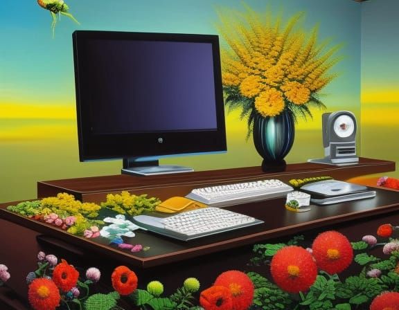 Computer on a desk with flowers growing out of it, pop surrealism by ...
