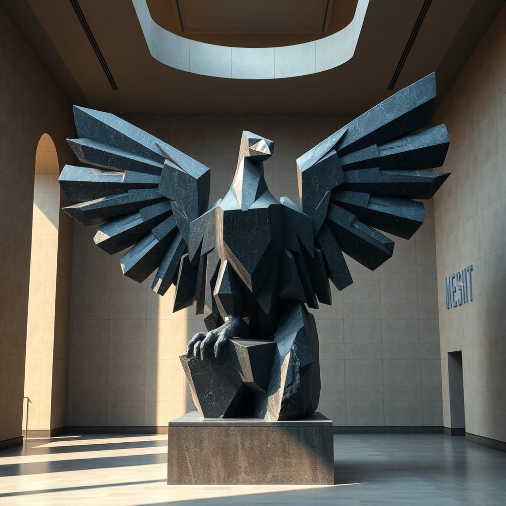 Brutalist and cubist stone sculpture of a Phoenix.