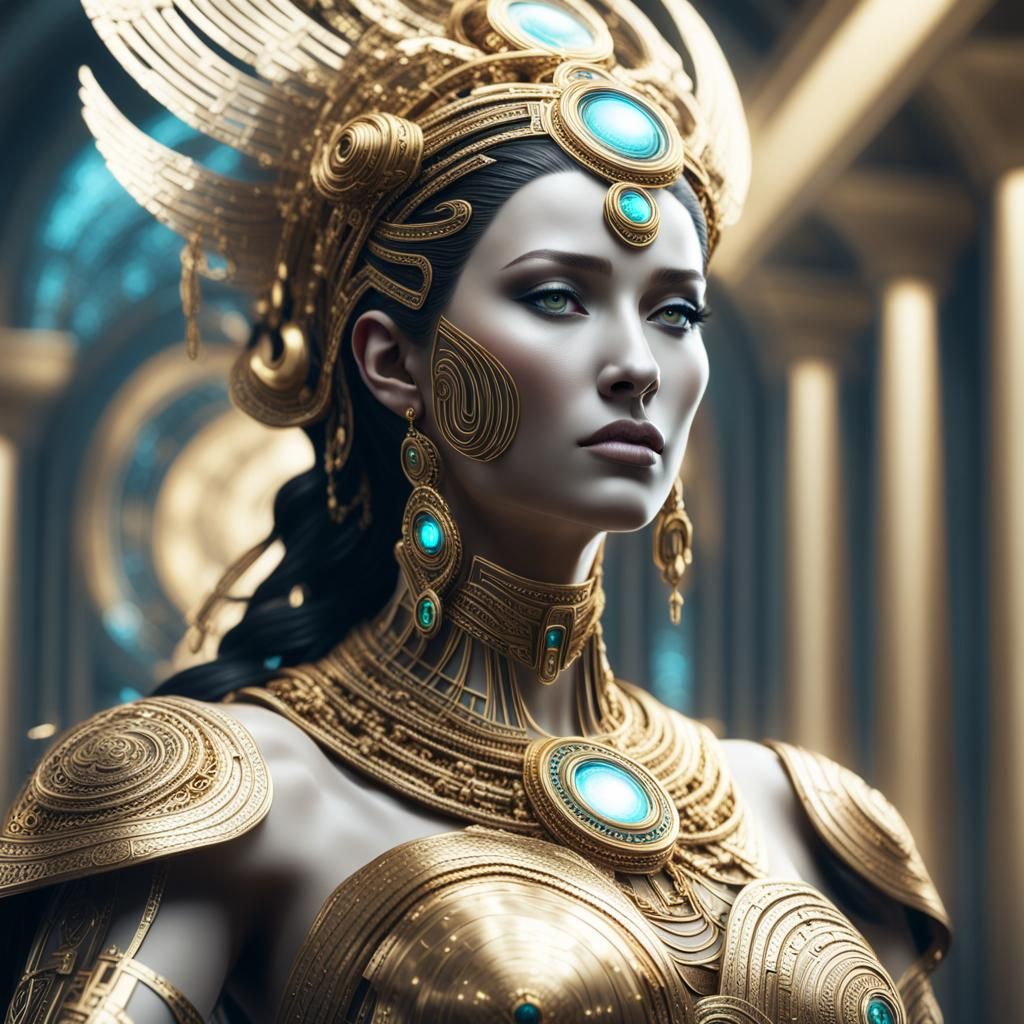 Ultra-realistic, hyper-detailed photography: Close-up of the Ethereal Ancient Goddess of ...